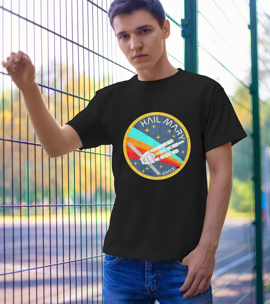 Hail Mary Grace Project Space Mission Emblem Retro Rocket T-Shirt