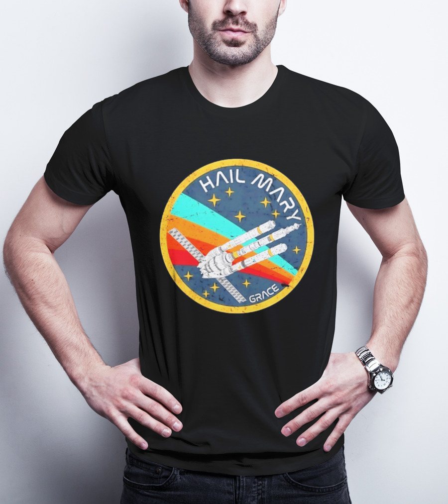 Hail Mary Grace Project Space Mission Emblem Retro Rocket T-Shirt
