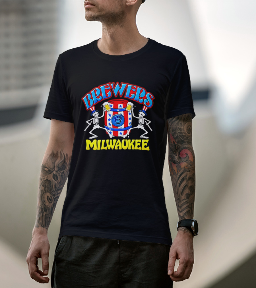 Brewers Milwaukee Skeleton Patriotic Barrel T-Shirt