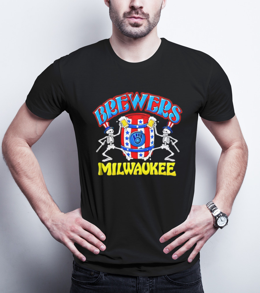 Brewers Milwaukee Skeleton Patriotic Barrel T-Shirt