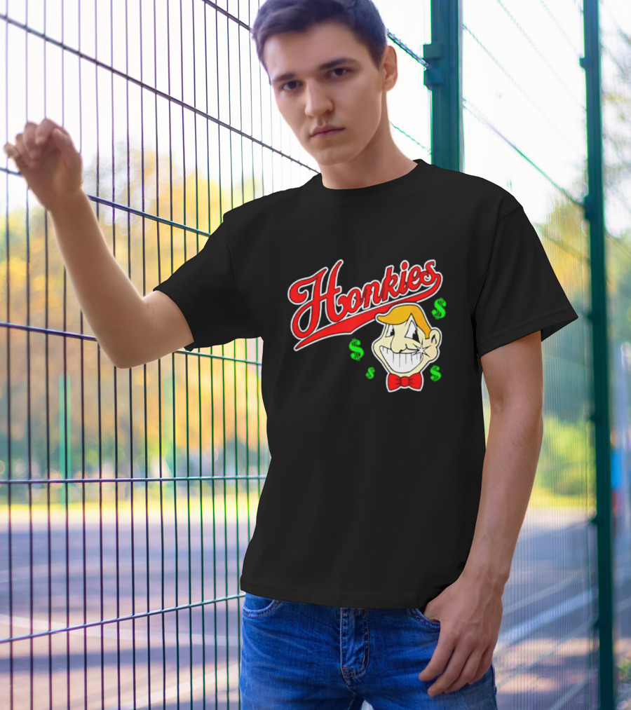 Honkies Red Script Cash Icon With Cartoon Face And Bow Tie T-Shirt