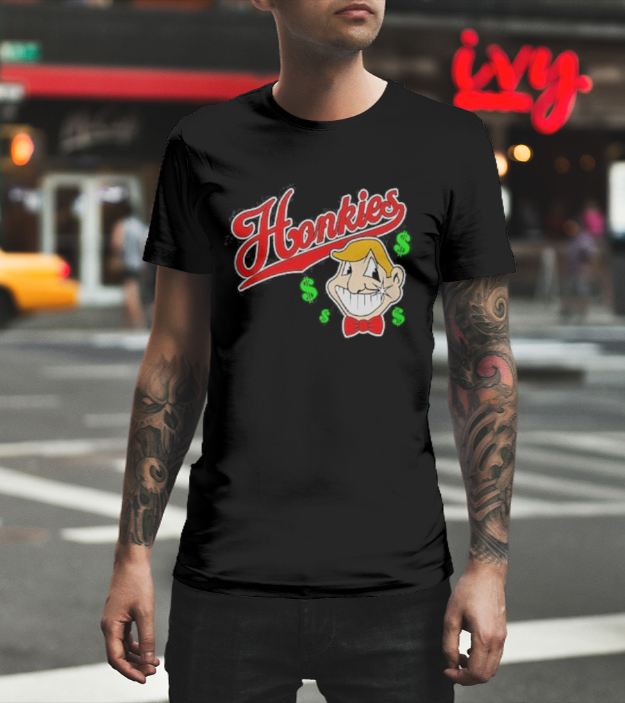 Honkies Red Script With Cartoon Face And Dollar Signs T-Shirt