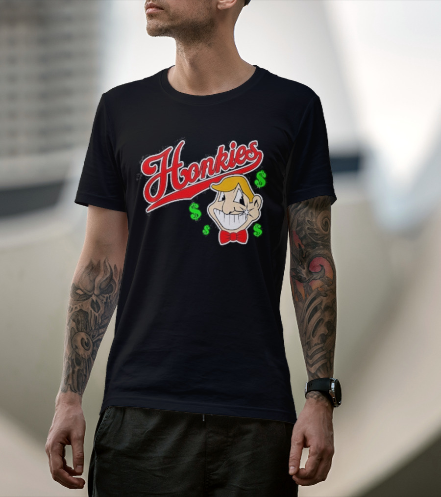 Honkies Red Script With Cartoon Face And Dollar Signs T-Shirt