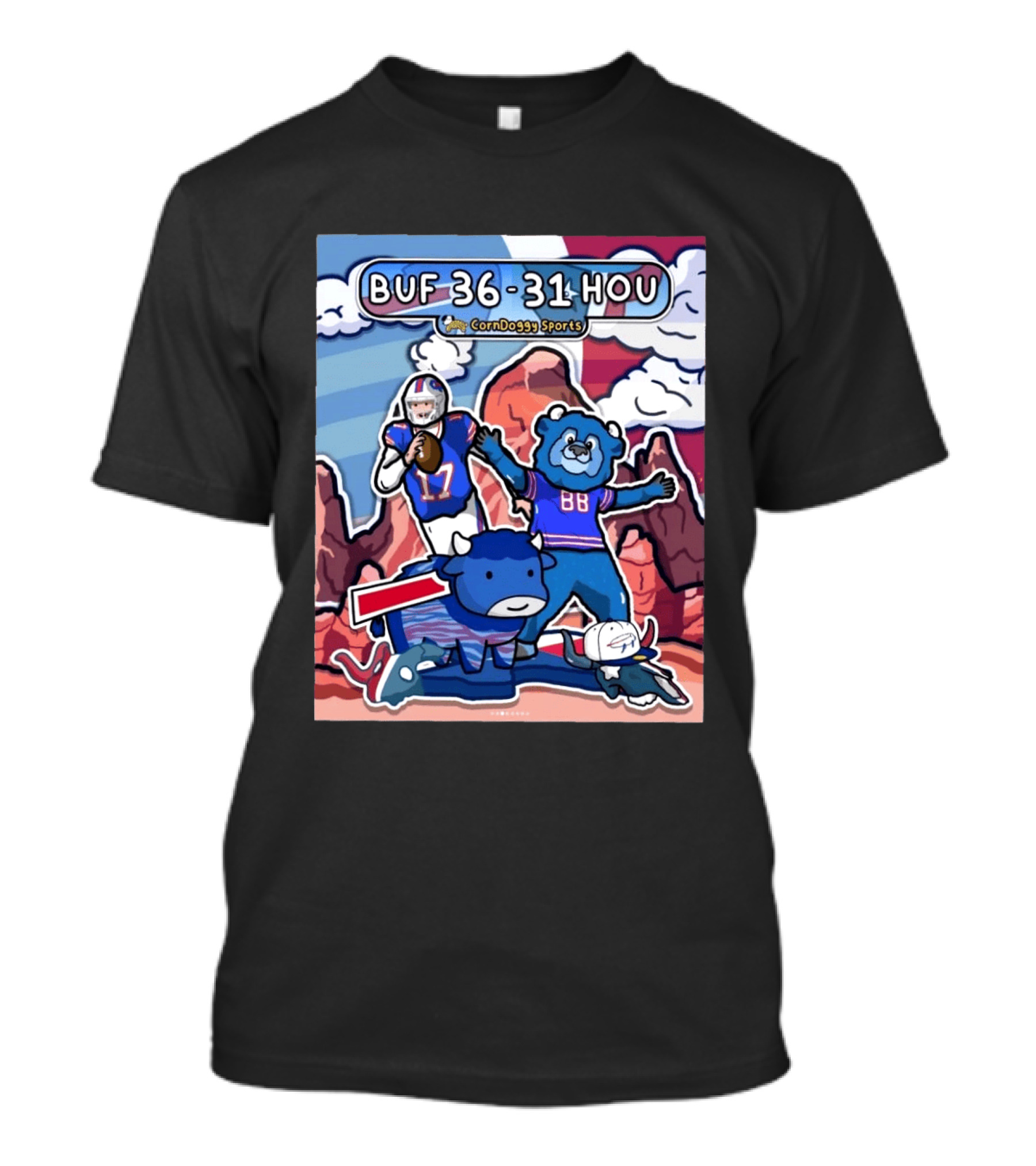 BUF 36 31 HOU CornDoggy Sports Doodle Buffalo Bills Houston Texans Game Day T-Shirt