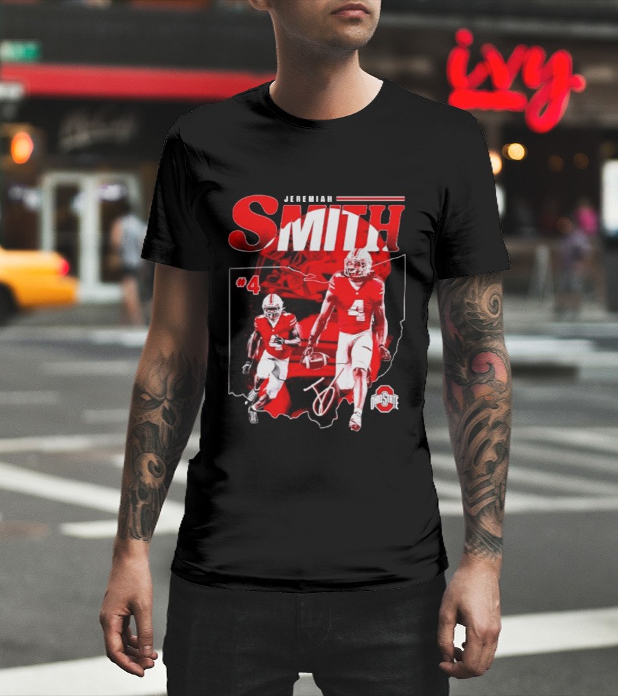 Jeremiah Smith #4 Ohio State Buckeyes Football NCAA Player Ohio Map T-Shirt