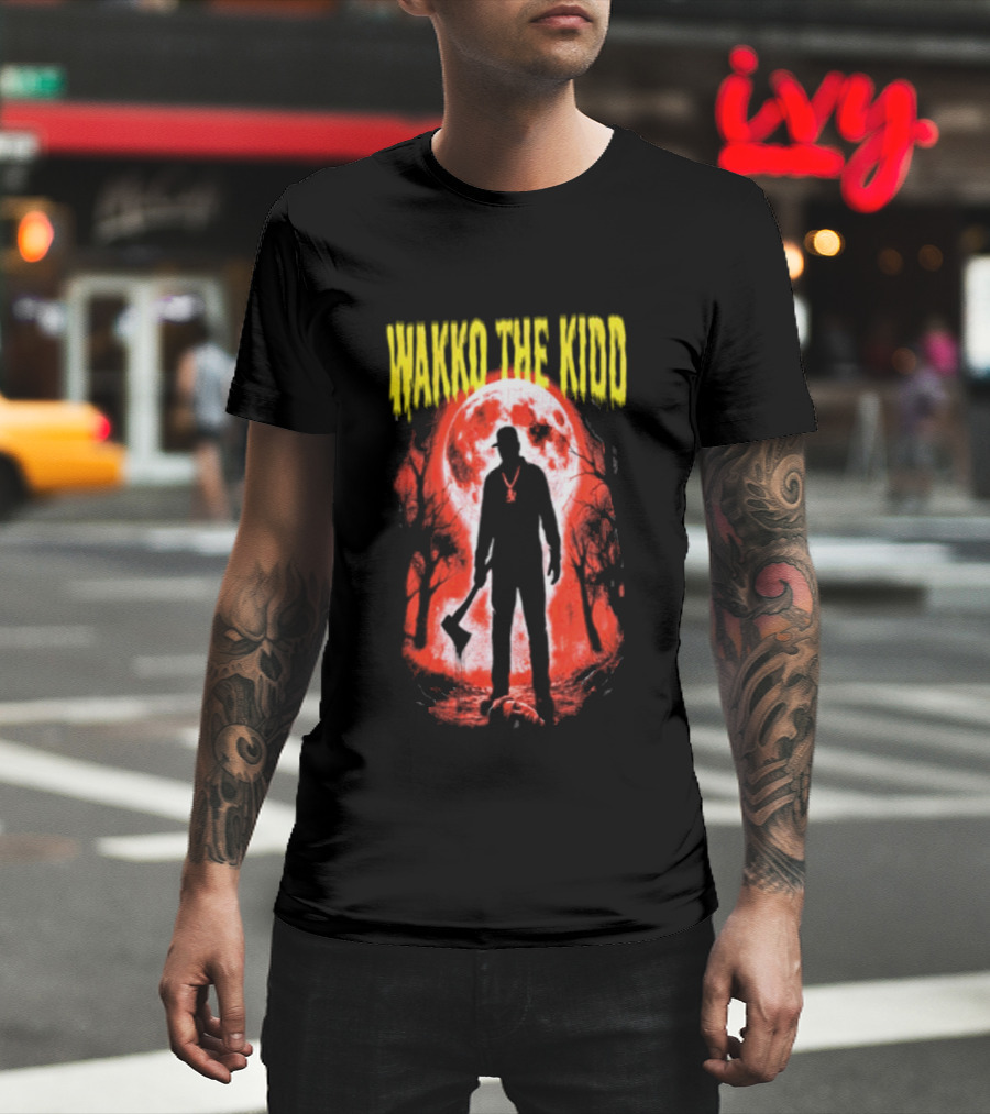 Wakko The Kidd Swing The Hatchet Red Moon Silhouette Charcoal Grey T-Shirt