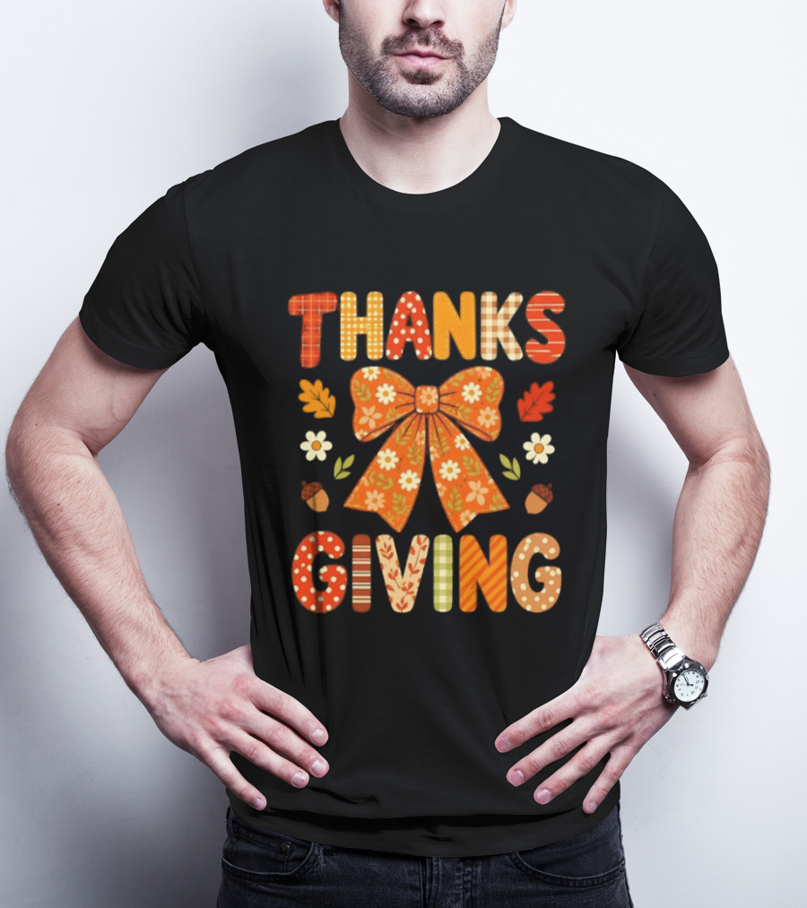Thanksgiving Floral Bow With Autumn Acorns And Leaves T-Shirt