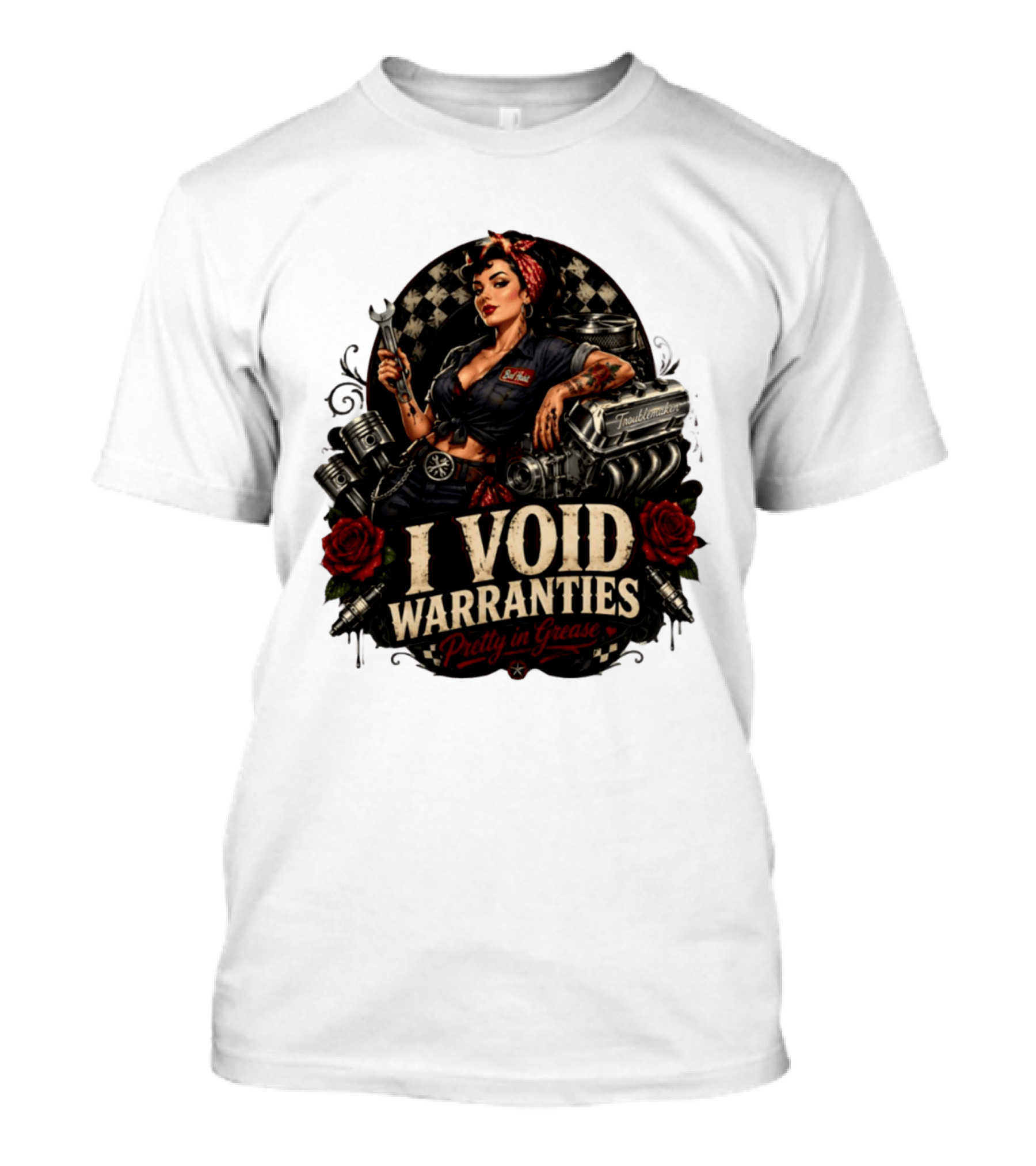 I Void Warranties Pretty In Grease Pin Up Girl Mechanic Troublemaker Engine Piston Rose Checkered T-Shirt