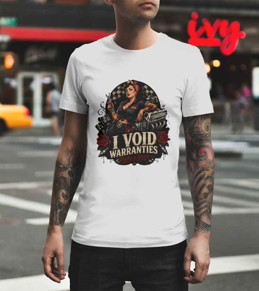 I Void Warranties Pretty In Grease Pin Up Girl Mechanic Troublemaker Engine Piston Rose Checkered T-Shirt