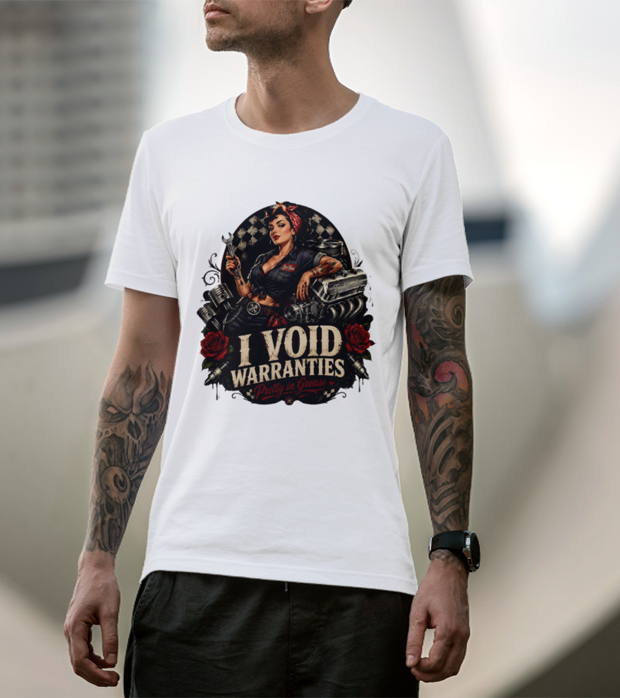 I Void Warranties Pretty In Grease Pin Up Girl Mechanic Troublemaker Engine Piston Rose Checkered T-Shirt