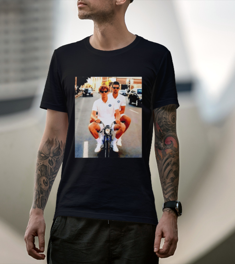 Jannik Sinner Novak Djokovic 2026 Motorcycle Ride Tennis Stars T-Shirt