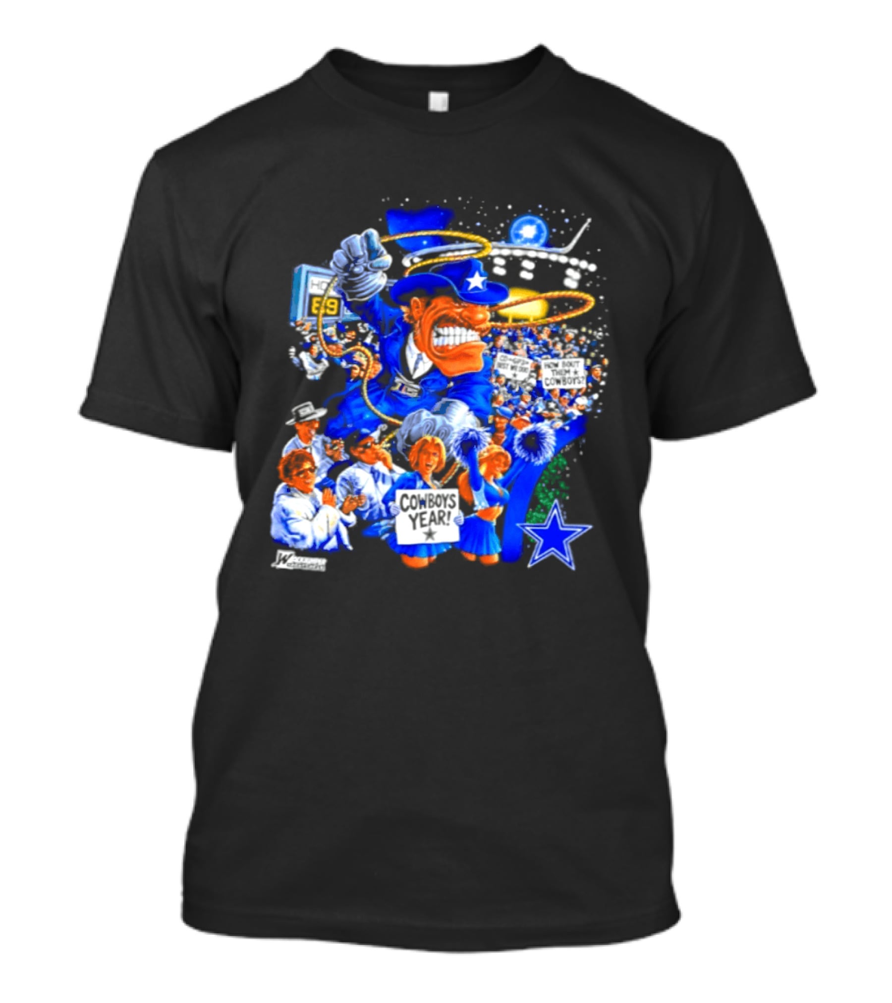 Dallas Cowboys Rowdy Mascot With Star And Cheerleaders Retro Cartoon T-Shirt