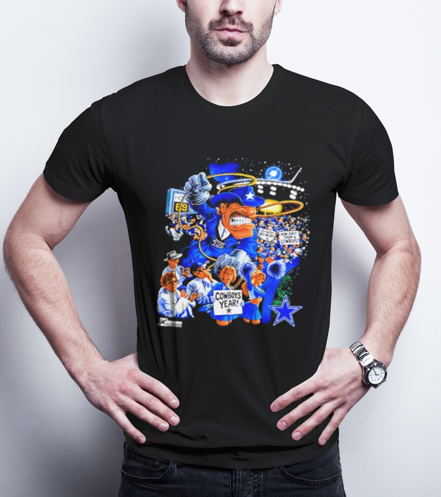 Dallas Cowboys Rowdy Mascot With Star And Cheerleaders Retro Cartoon T-Shirt