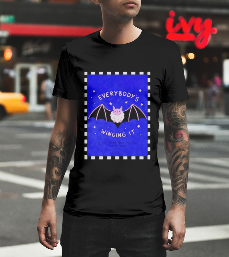 It's Okay Everybody's Winging It No One Knows What They're Doing Pink Bat With Stars T-Shirt