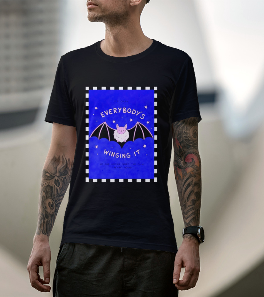 It's Okay Everybody's Winging It No One Knows What They're Doing Pink Bat With Stars T-Shirt