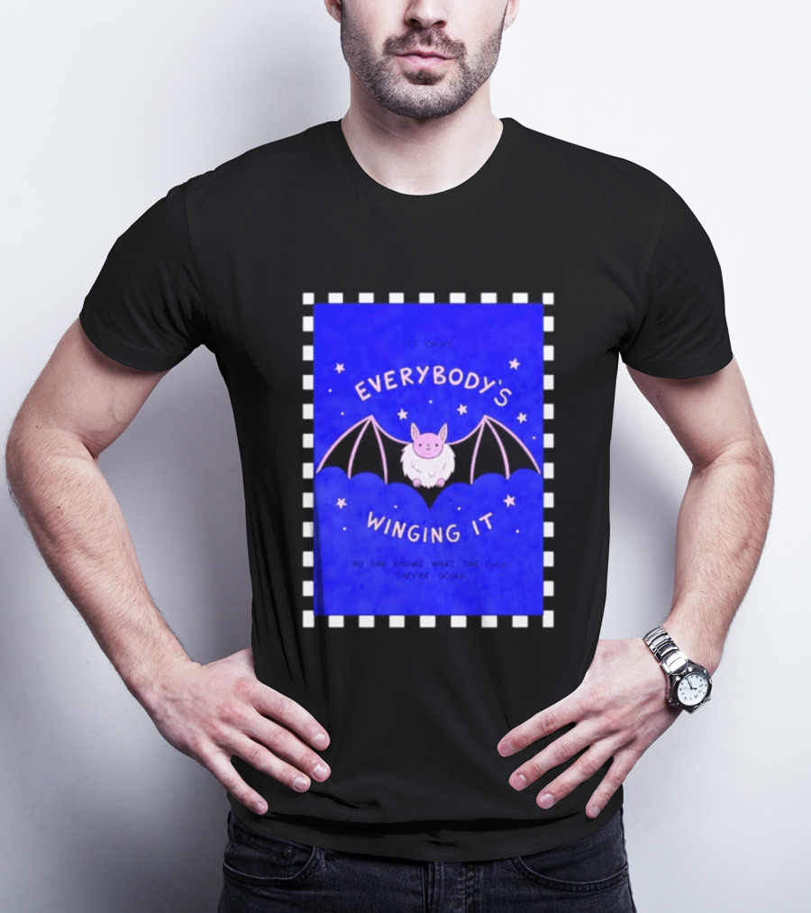 It's Okay Everybody's Winging It No One Knows What They're Doing Pink Bat With Stars T-Shirt