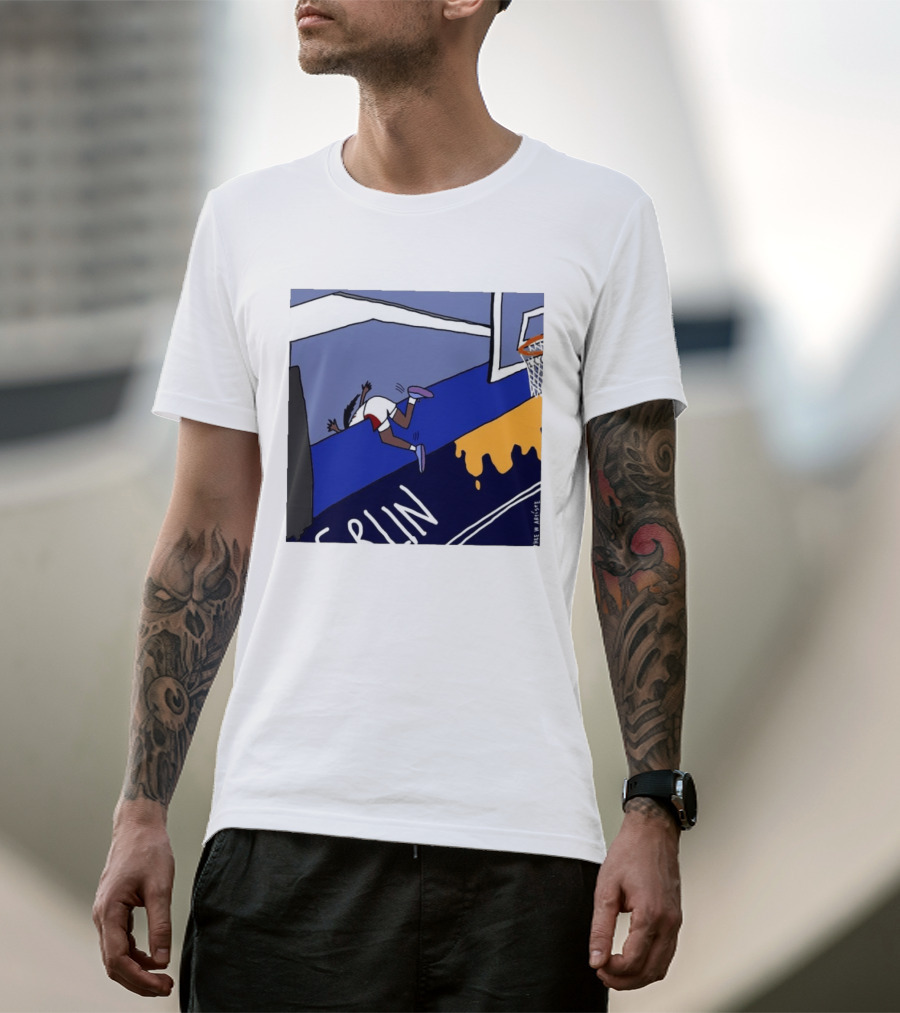 Basketball Player Diving Off Court Cartoon NBA Fan Art By Reuben Armstrong T-Shirt