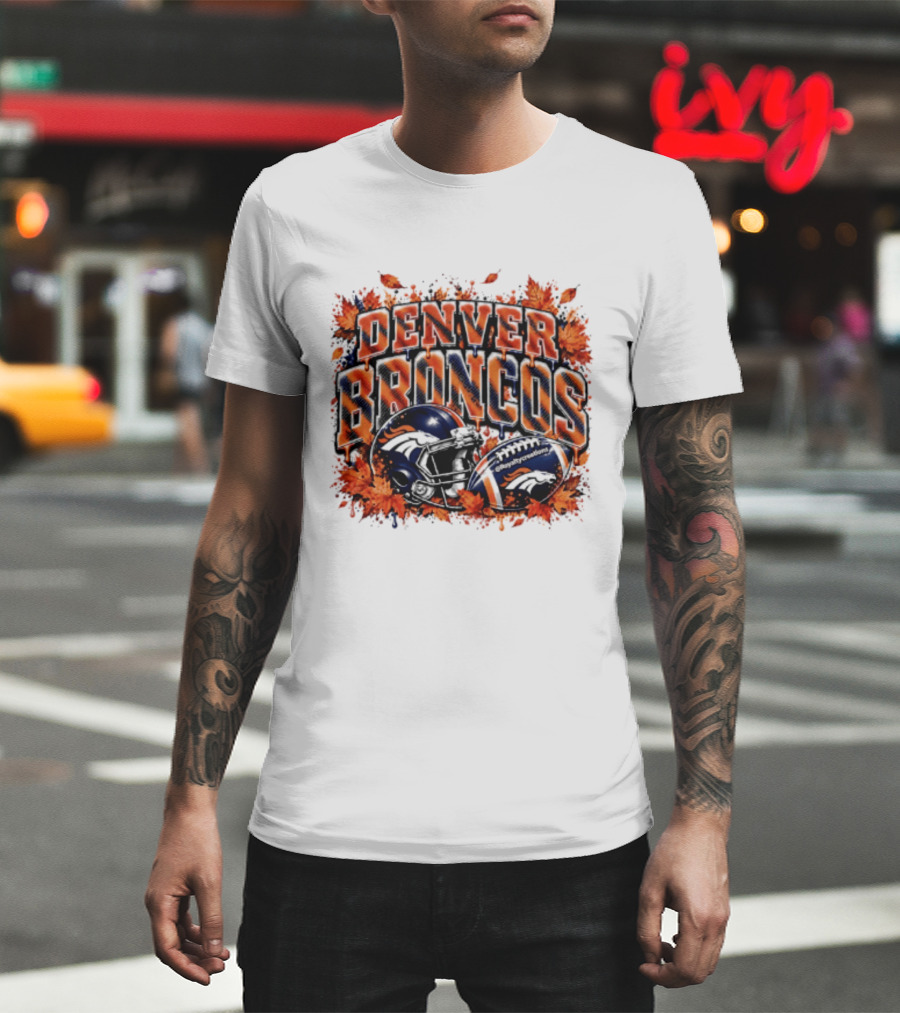 Denver Broncos Football Helmet Autumn Leaves Halloween 2026 T-Shirt