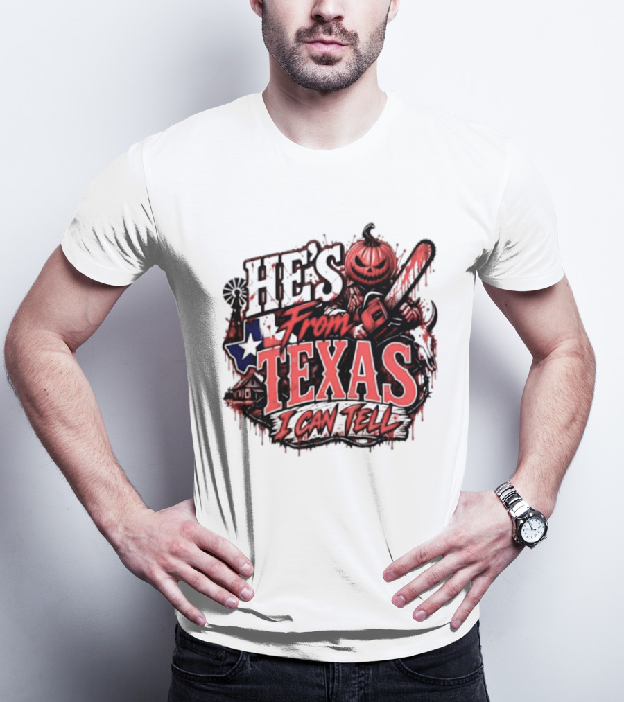 He's From Texas I Can Tell Pumpkin Chainsaw Horror Outlaw T-Shirt