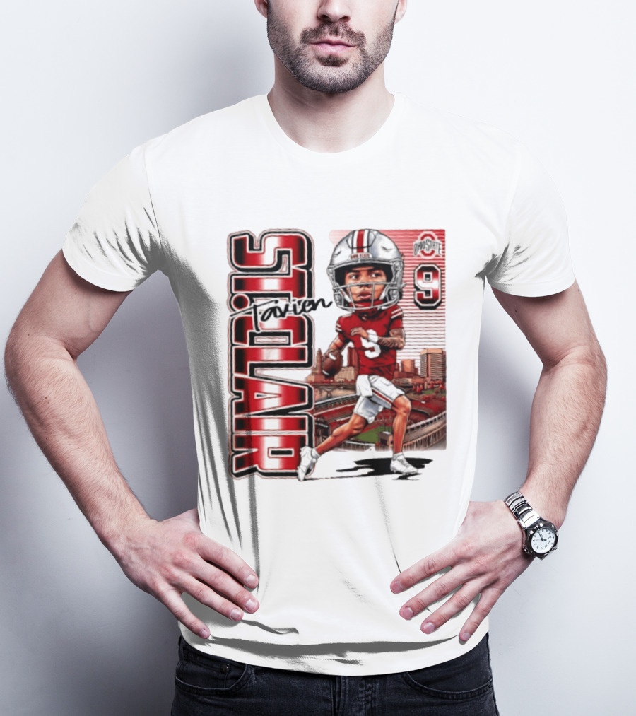 Tavien St. Clair 9 Ohio State Buckeyes Player Caricature With Ohio Stadium T-Shirt