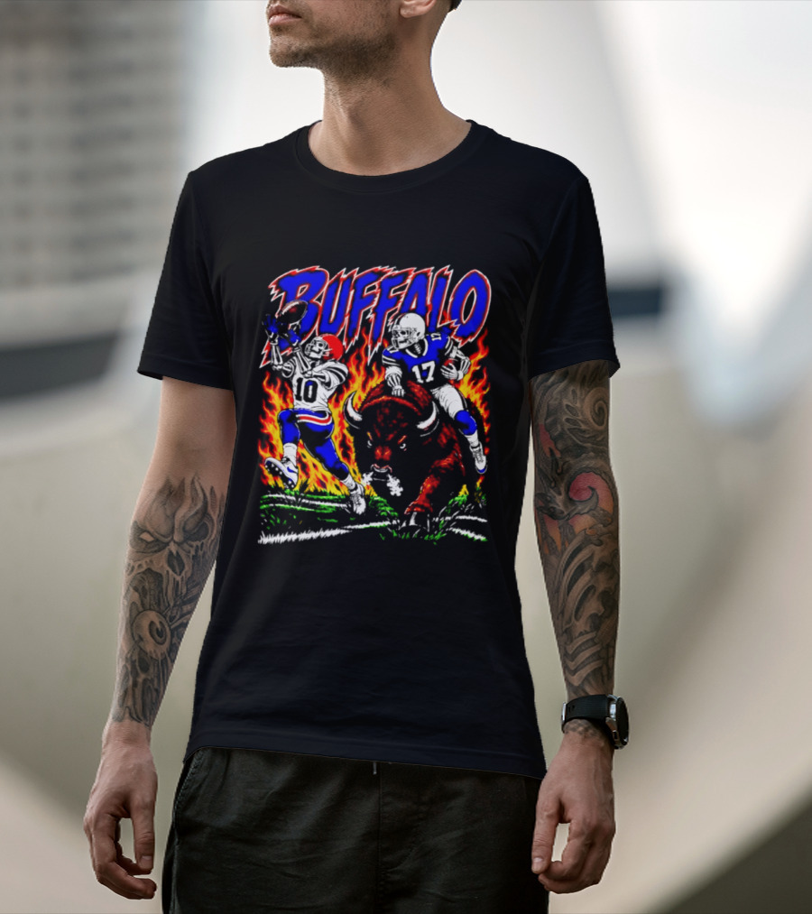 Buffalo Bills Flaming Skeleton Football Players Number 10 And 17 T-Shirt