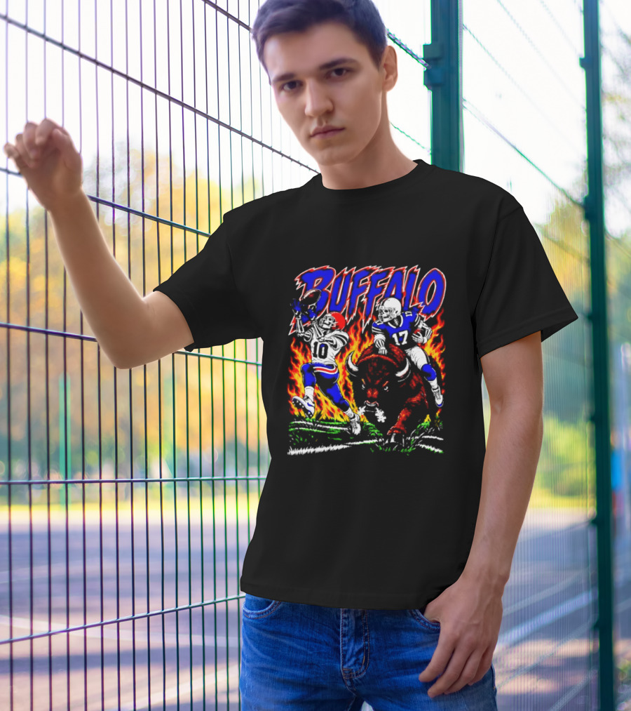 Buffalo Bills Flaming Skeleton Football Players Number 10 And 17 T-Shirt