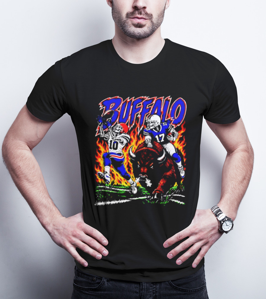 Buffalo Bills Flaming Skeleton Football Players Number 10 And 17 T-Shirt