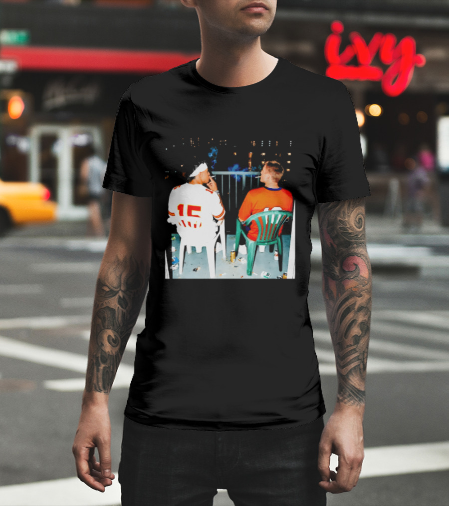 Patrick Mahomes Kansas City Chiefs And Bo Nix Denver Broncos Smoking Behind Skyline T-Shirt