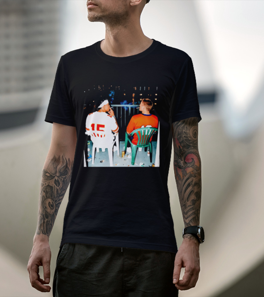 Patrick Mahomes Kansas City Chiefs And Bo Nix Denver Broncos Smoking Behind Skyline T-Shirt