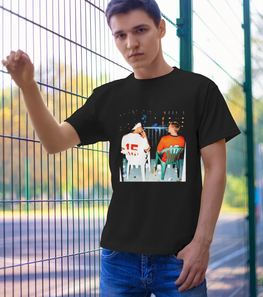 Patrick Mahomes Kansas City Chiefs And Bo Nix Denver Broncos Smoking Behind Skyline T-Shirt