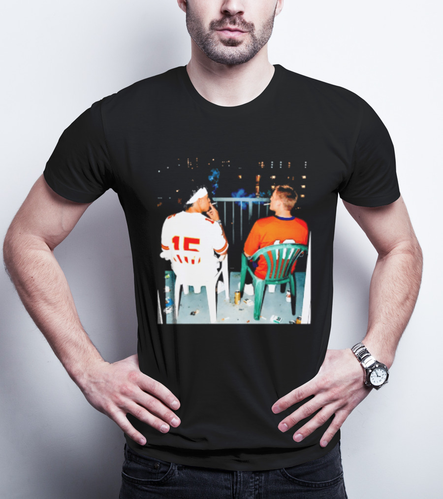 Patrick Mahomes Kansas City Chiefs And Bo Nix Denver Broncos Smoking Behind Skyline T-Shirt