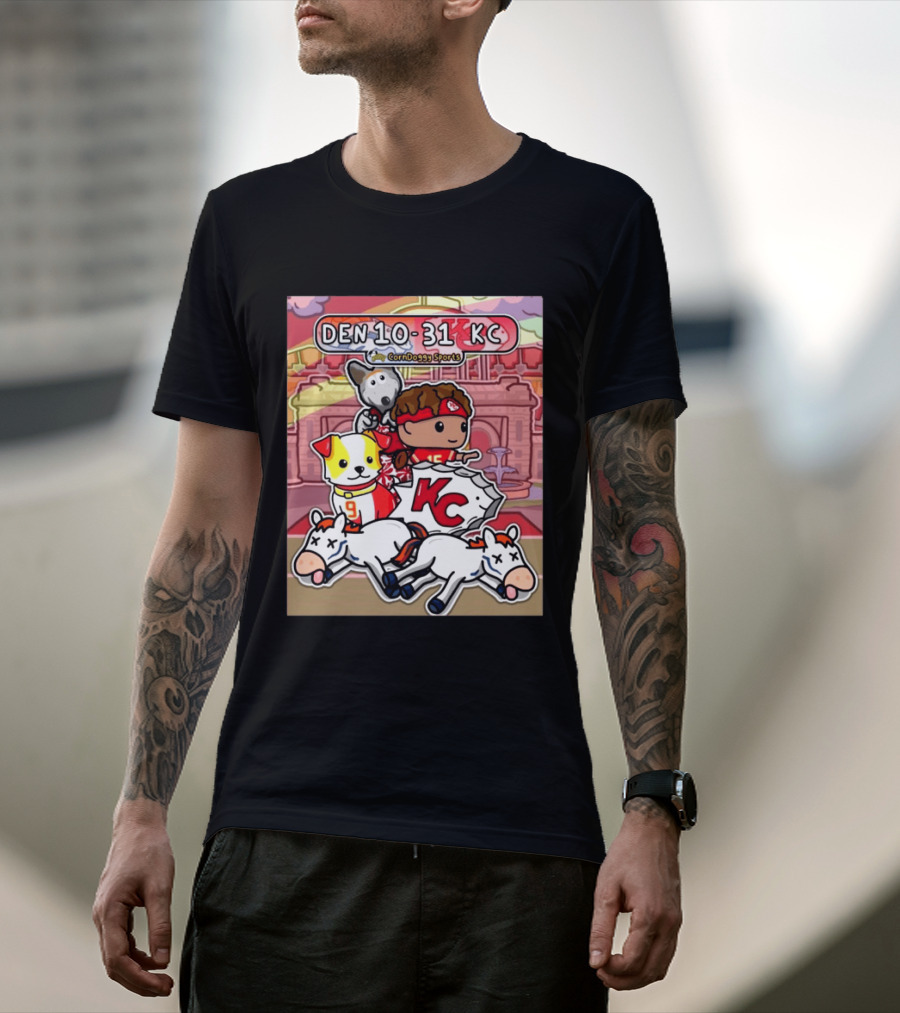 CornDoggy Sports DEN 10 31 KC Denver Broncos Vs Kansas City Chiefs Cartoon Characters And Dogs With Football T-Shirt