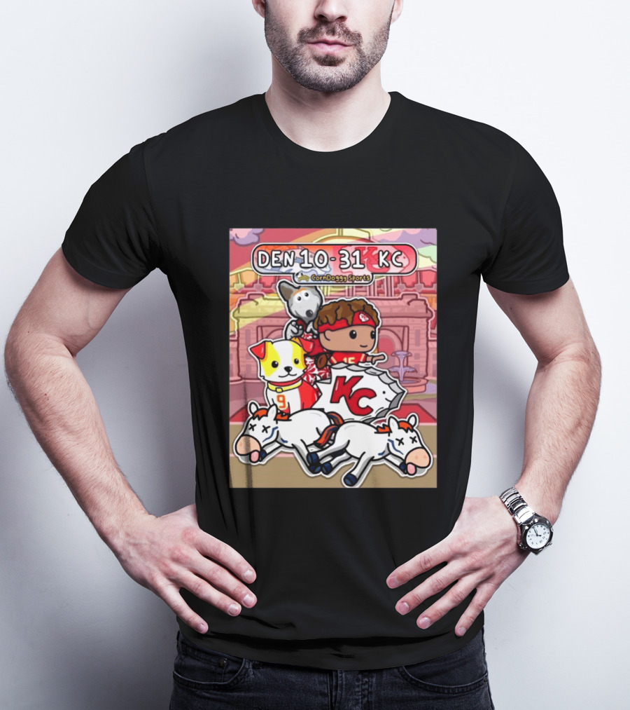 CornDoggy Sports DEN 10 31 KC Denver Broncos Vs Kansas City Chiefs Cartoon Characters And Dogs With Football T-Shirt