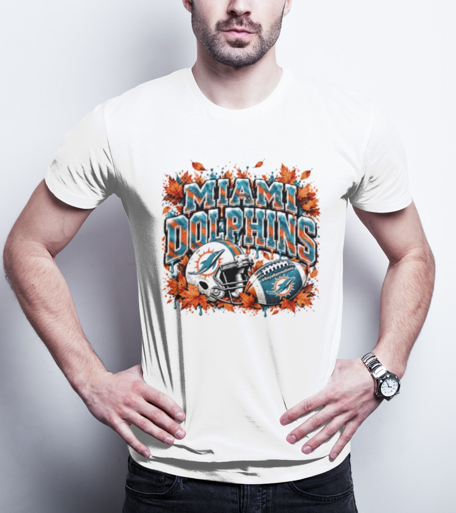 Miami Dolphins Football Helmet Autumn Leaves Halloween 2026 T-Shirt