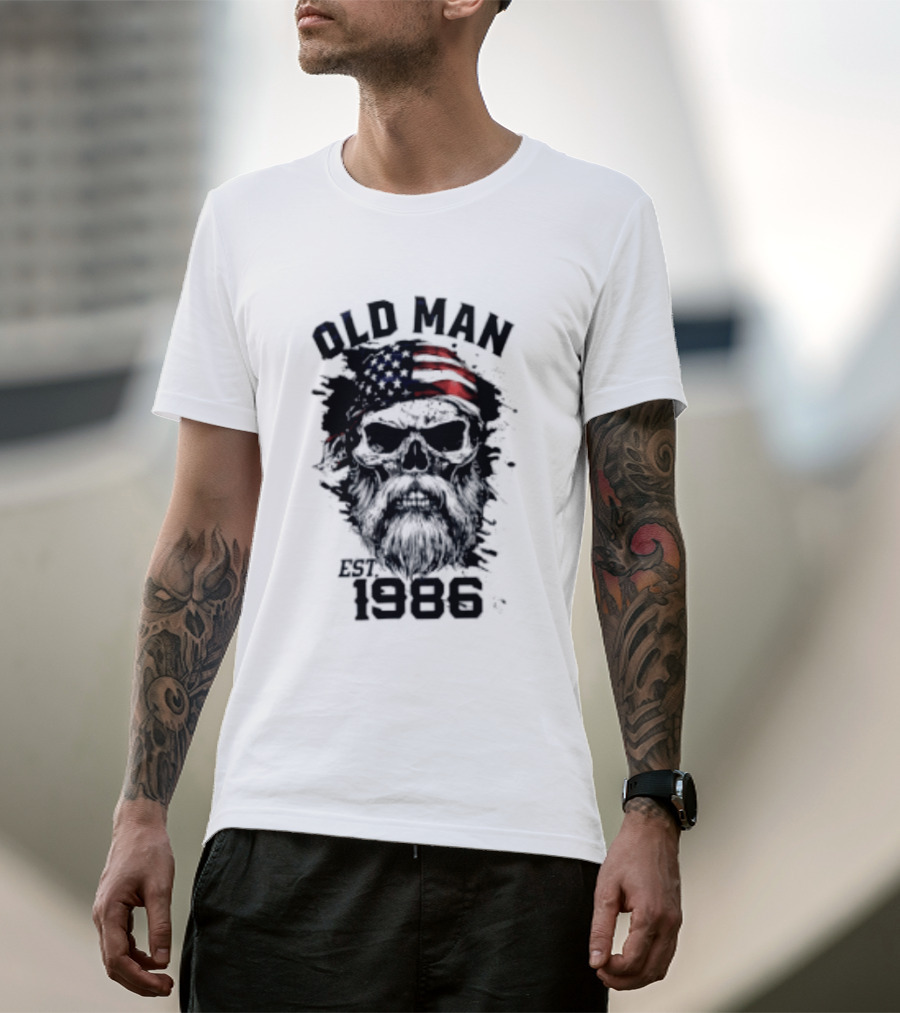 Old Man Est 1986 Skull American Flag Bandana T-Shirt