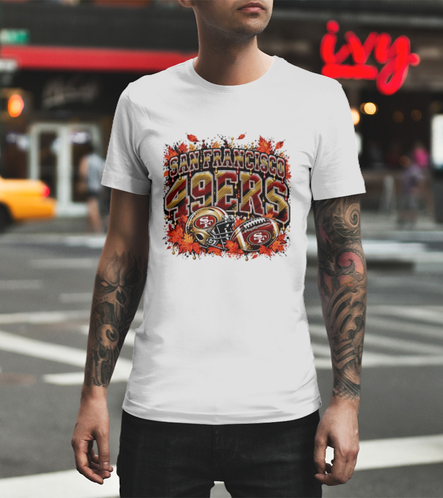 San Francisco 49ers Helmet And Football Autumn Leaves 2026 T-Shirt