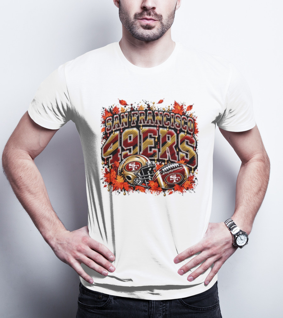 San Francisco 49ers Helmet And Football Autumn Leaves 2026 T-Shirt