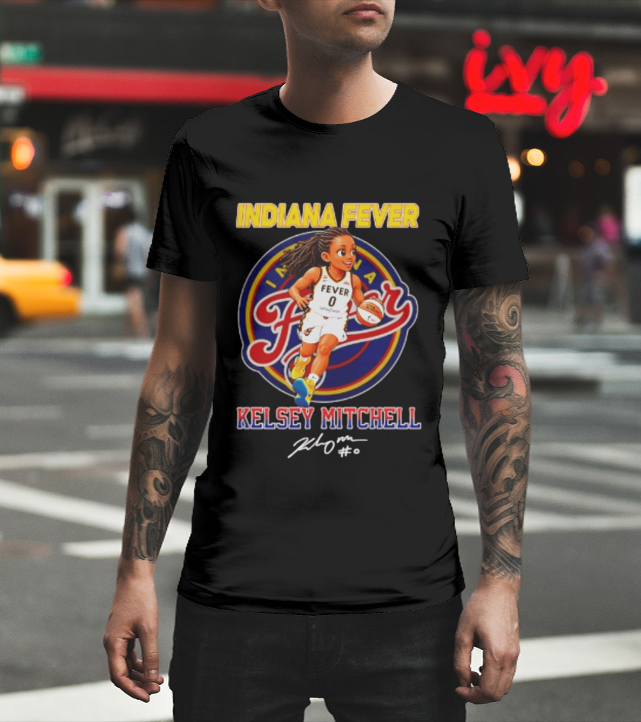 Indiana Fever Kelsey Mitchell Cartoon Basketball Player Signature T-Shirt