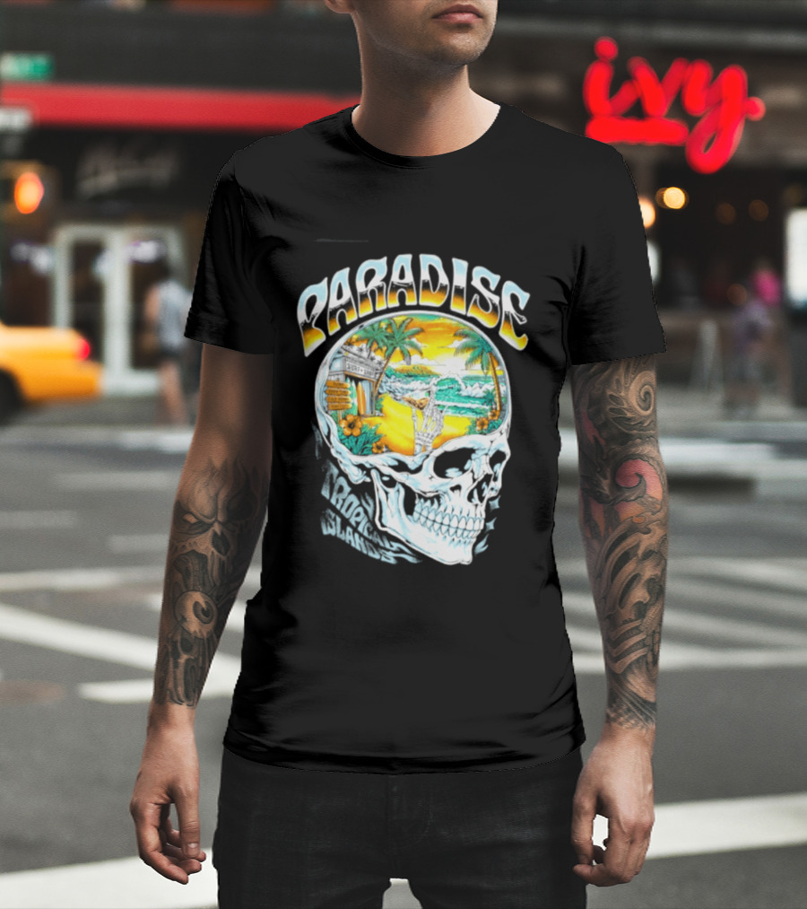 Paradise Tropical Island Skull Surf Shop Beach Scene T-Shirt