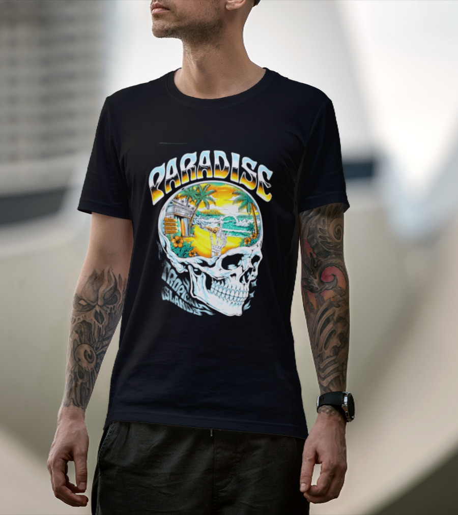 Paradise Tropical Island Skull Surf Shop Beach Scene T-Shirt