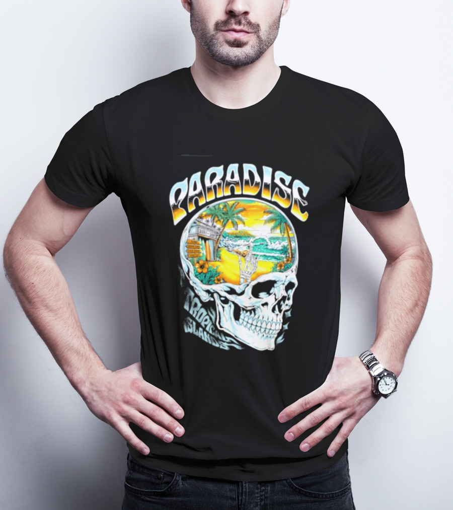 Paradise Tropical Island Skull Surf Shop Beach Scene T-Shirt
