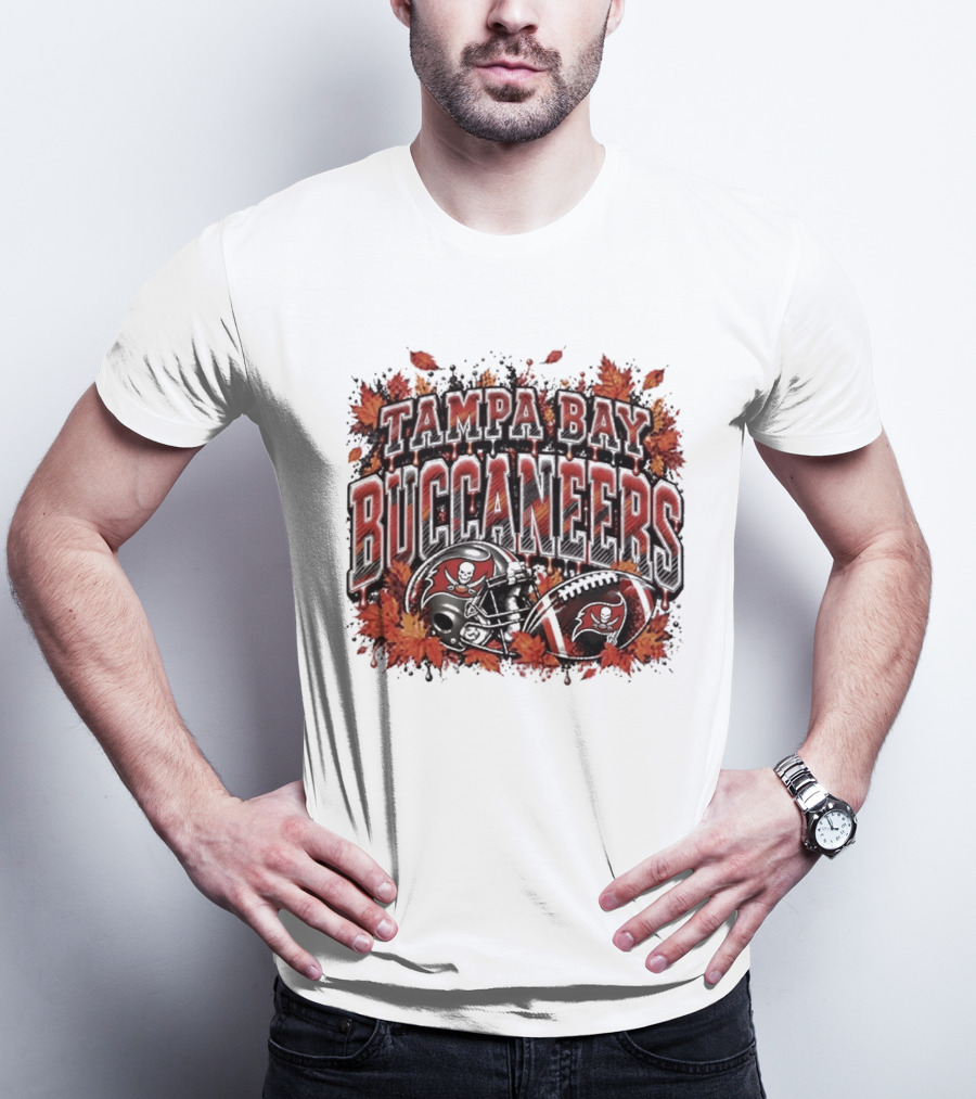 Tampa Bay Buccaneers Helmet And Football With Autumn Leaves Halloween 2026 T-Shirt