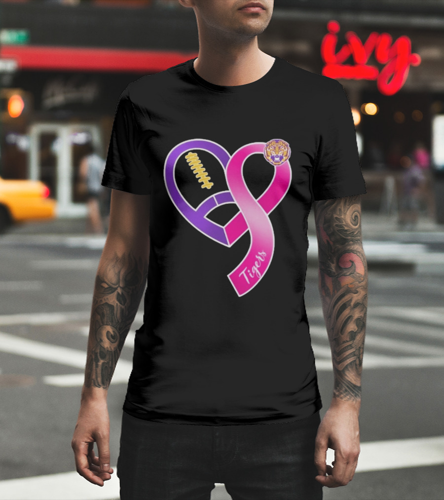 LSU Tigers Breast Cancer Awareness 2026 Heart Ribbon Football T-Shirt