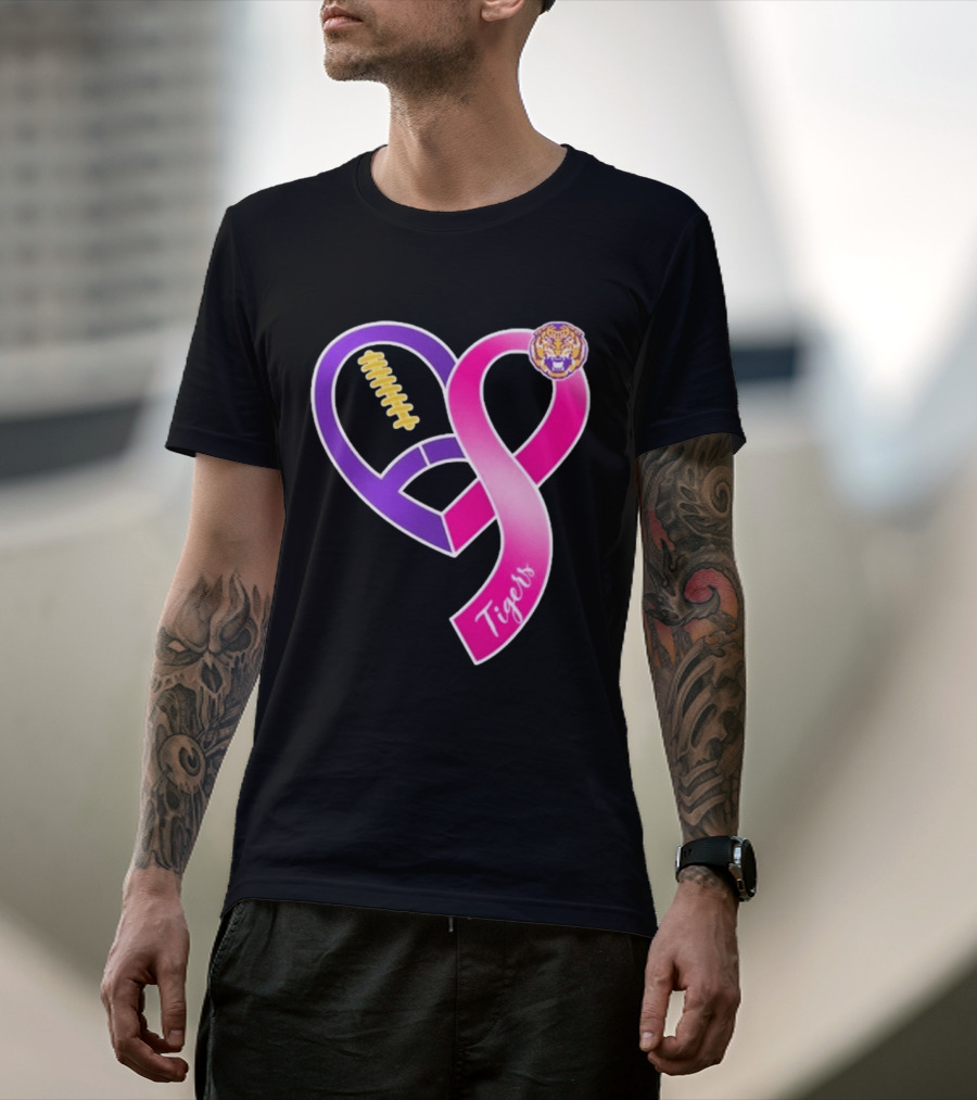 LSU Tigers Breast Cancer Awareness 2026 Heart Ribbon Football T-Shirt