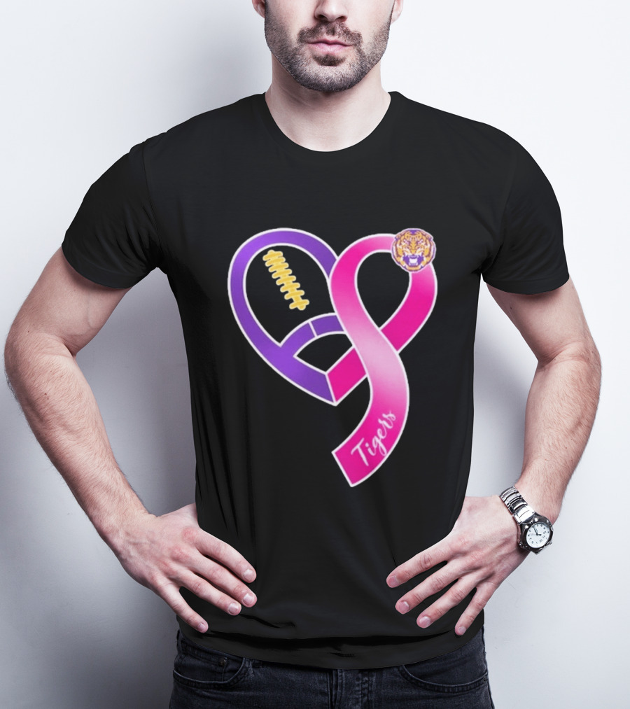 LSU Tigers Breast Cancer Awareness 2026 Heart Ribbon Football T-Shirt