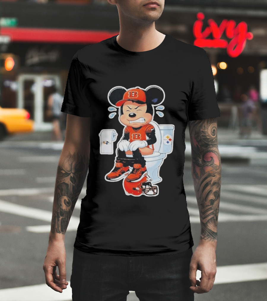Mickey Cincinnati Bengals Mascot On Toilet Rival Baltimore Ravens Steelers Football Helmet T-Shirt