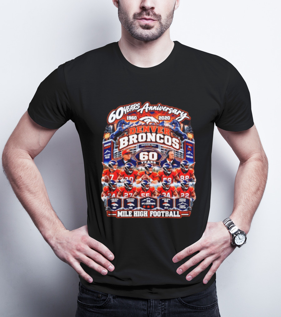 Denver Broncos 60 Years Anniversary 1960 2020 Mile High Football Champions Iconic Moments T-Shirt