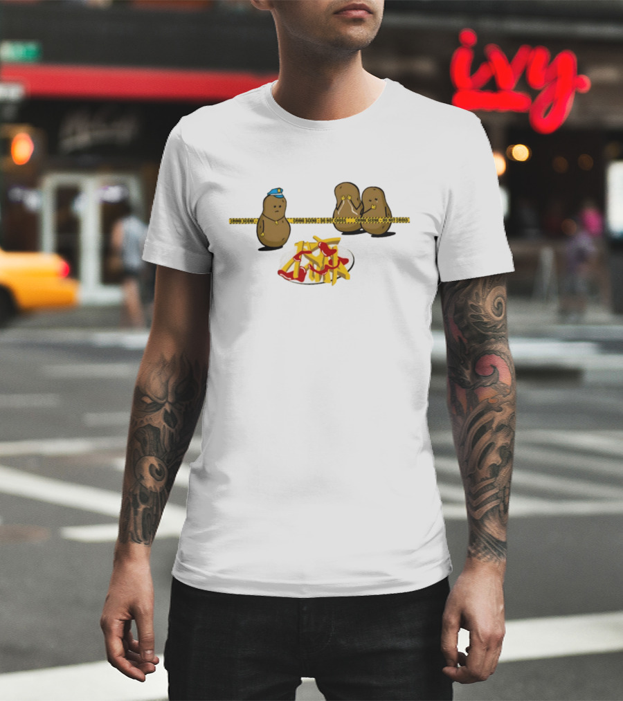 Crime Scene Do Not Cross Potato Fries Funny Cartoon Mash Up T-Shirt