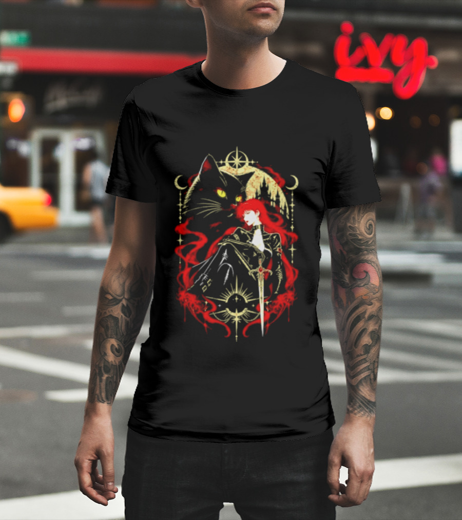 Gothic Red Haired Woman Black Cat Sword Magical T-Shirt