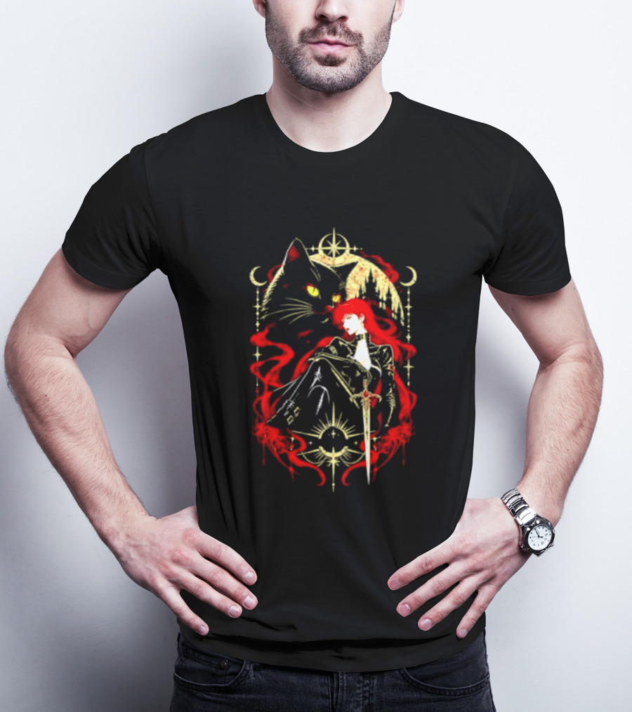 Gothic Red Haired Woman Black Cat Sword Magical T-Shirt